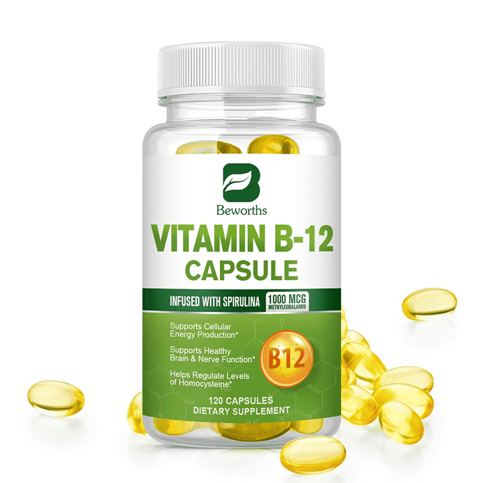 Beworths Vitamin B12 Capsule 1000 Mcg, Methyl B12 with Spirulina, Vegan ...