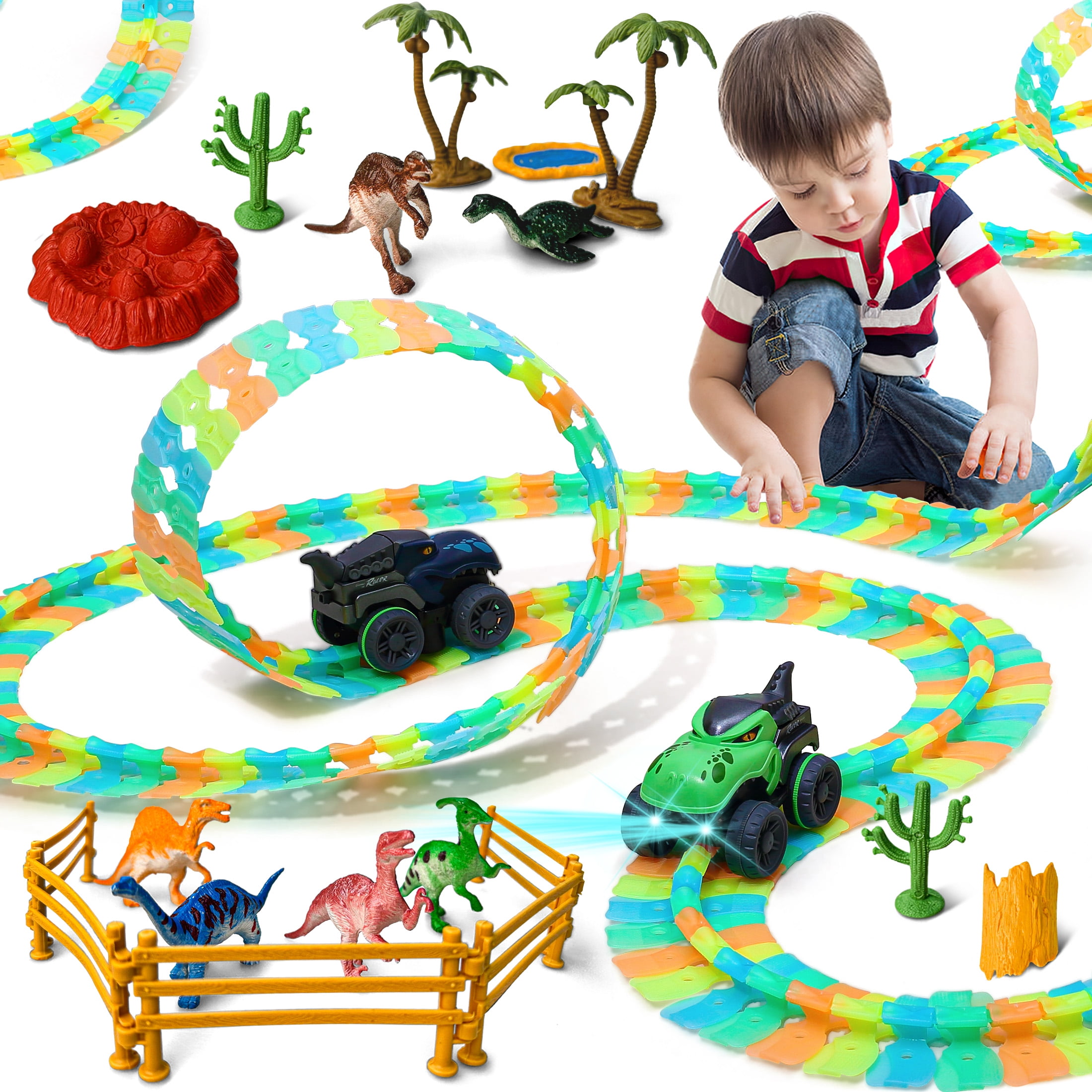 BEWOS Glow Race Track, 324pcs Glow in the Dark Car Track, Dinosaur Race ...