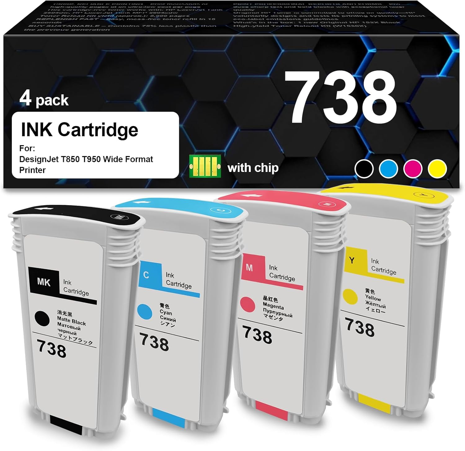 BF 738 Ink Cartridge 738XL Compatible for DesignJet T850 T950 Printers (4Packs,Black, Cyan ...