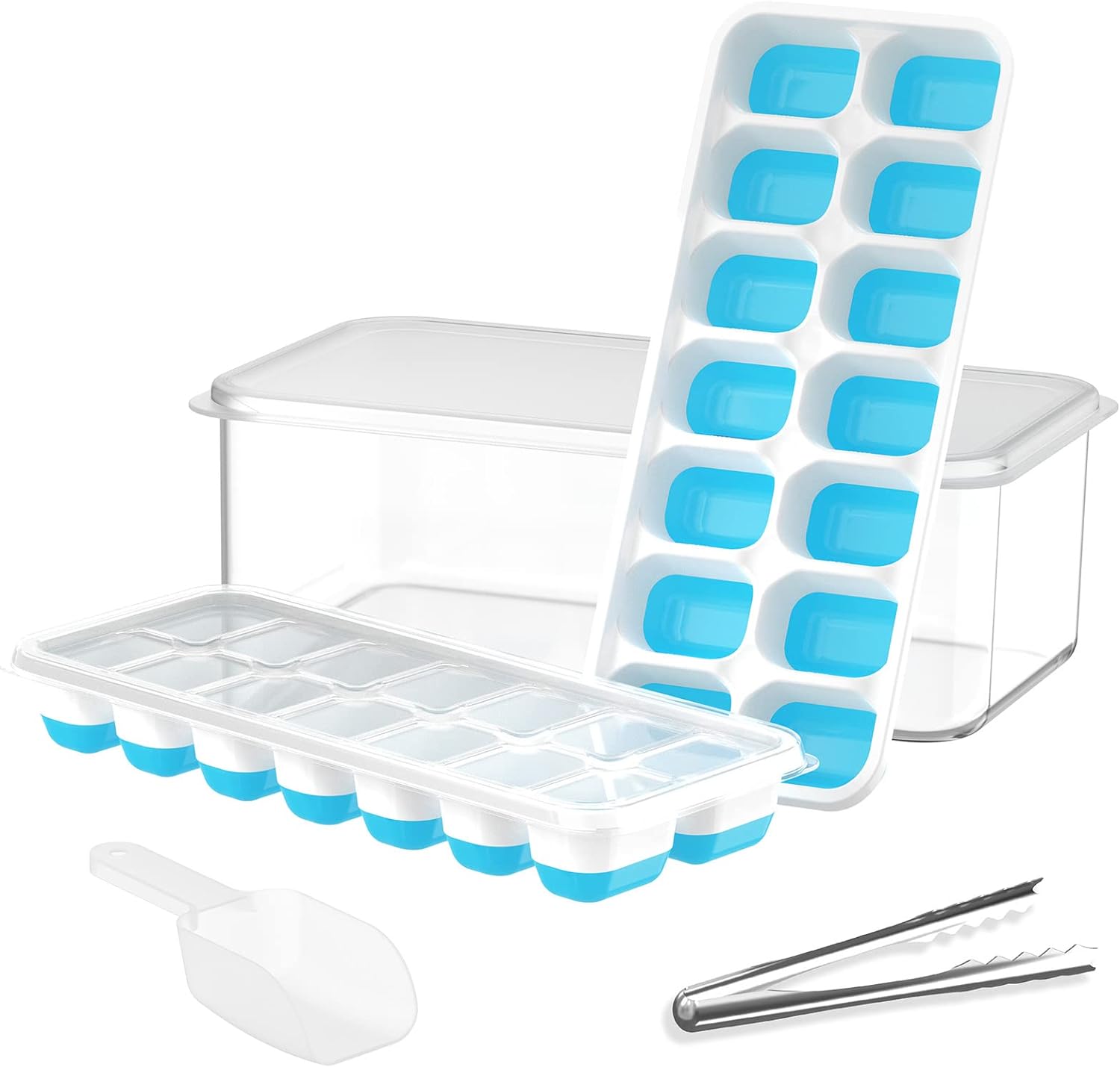 BFCITY 2 Pack Ice Cube Tray with Lid and Bin, 4 Pack Silicone Plastic ...