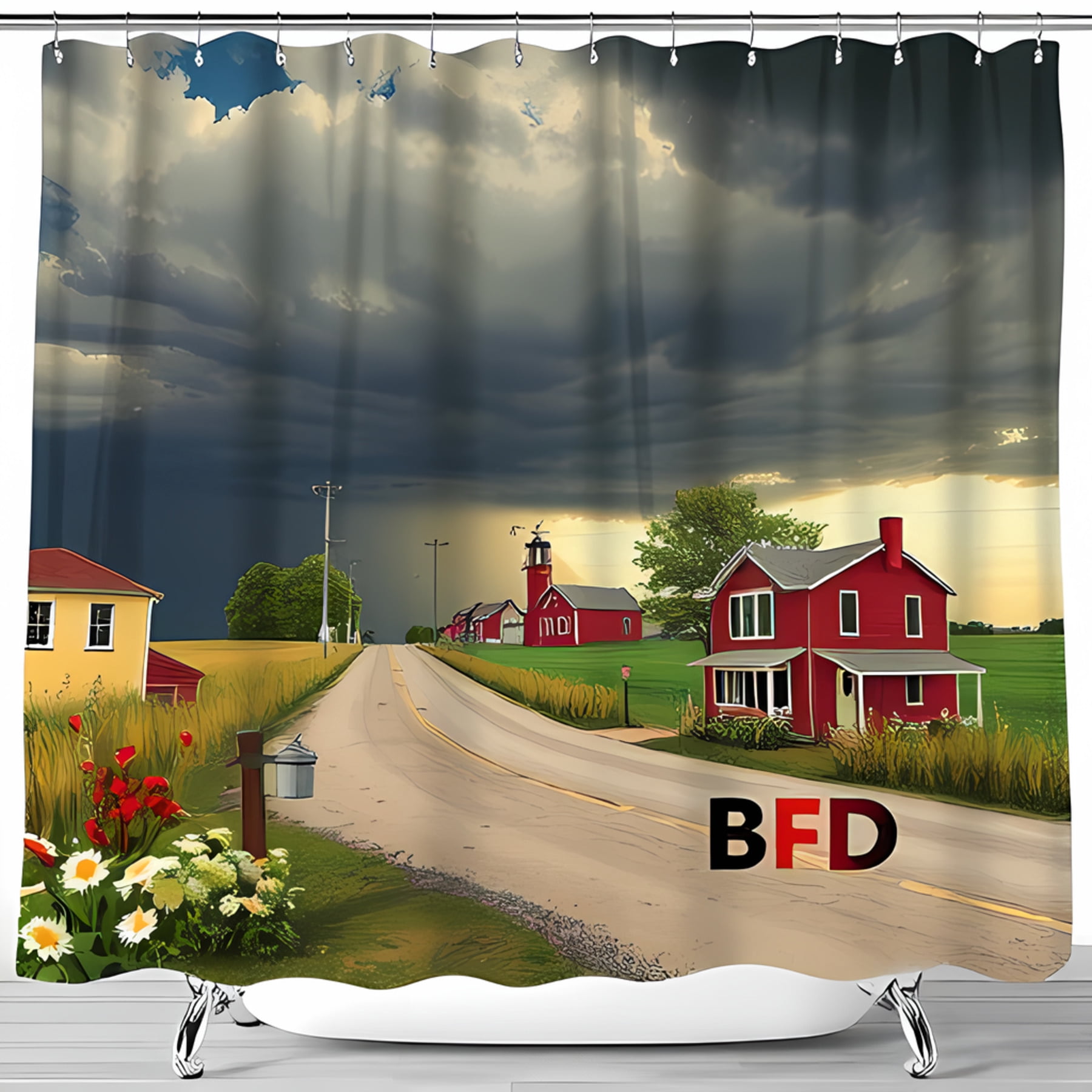 BFD Rustic Farmhouse Shower Curtain - Vibrant Red Barn & Yellow House ...