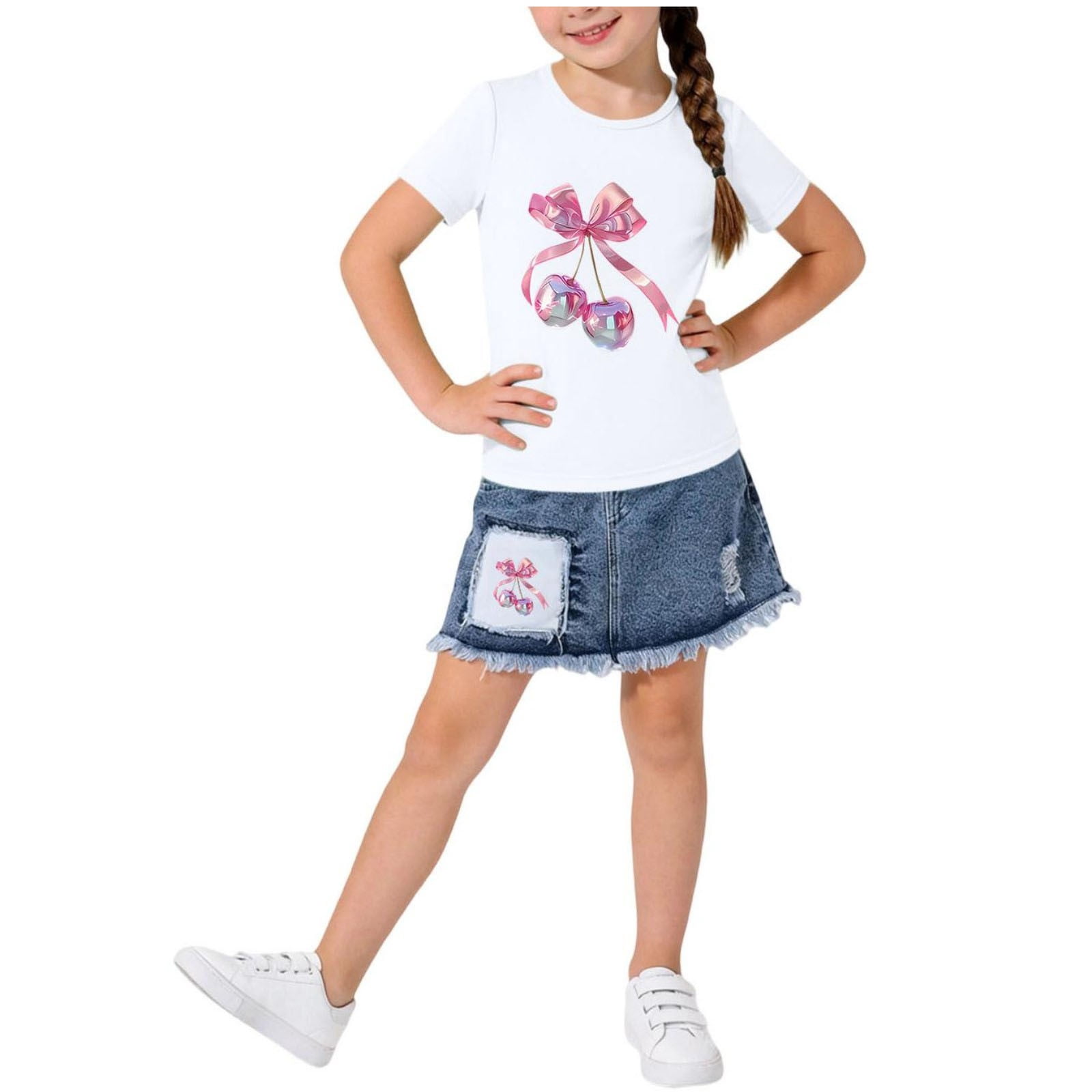 BFHHFA Girls Skirt Sets Cute Summer Graphic Tee Shirts A Line Denim ...