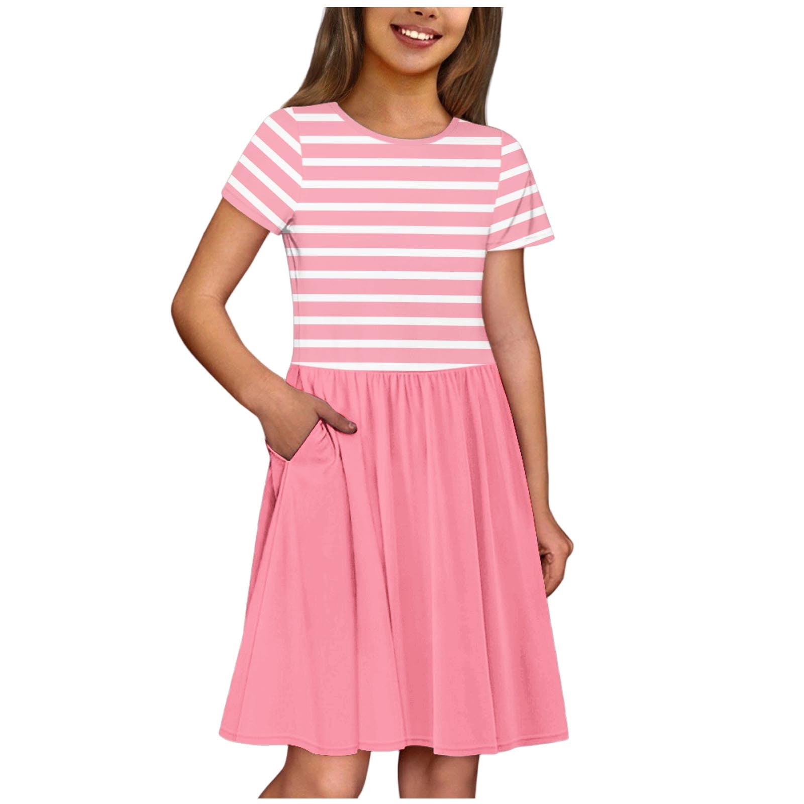 BFHHFA Girls Summer Striped Dresses Color Block Short Sleeve Dress ...