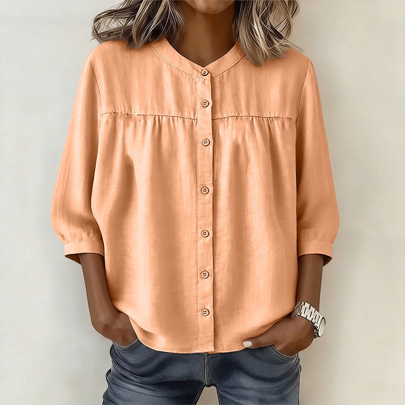 BFHHYA Button Down Shirts for Women Vintage Crew Neck Long Sleeve ...