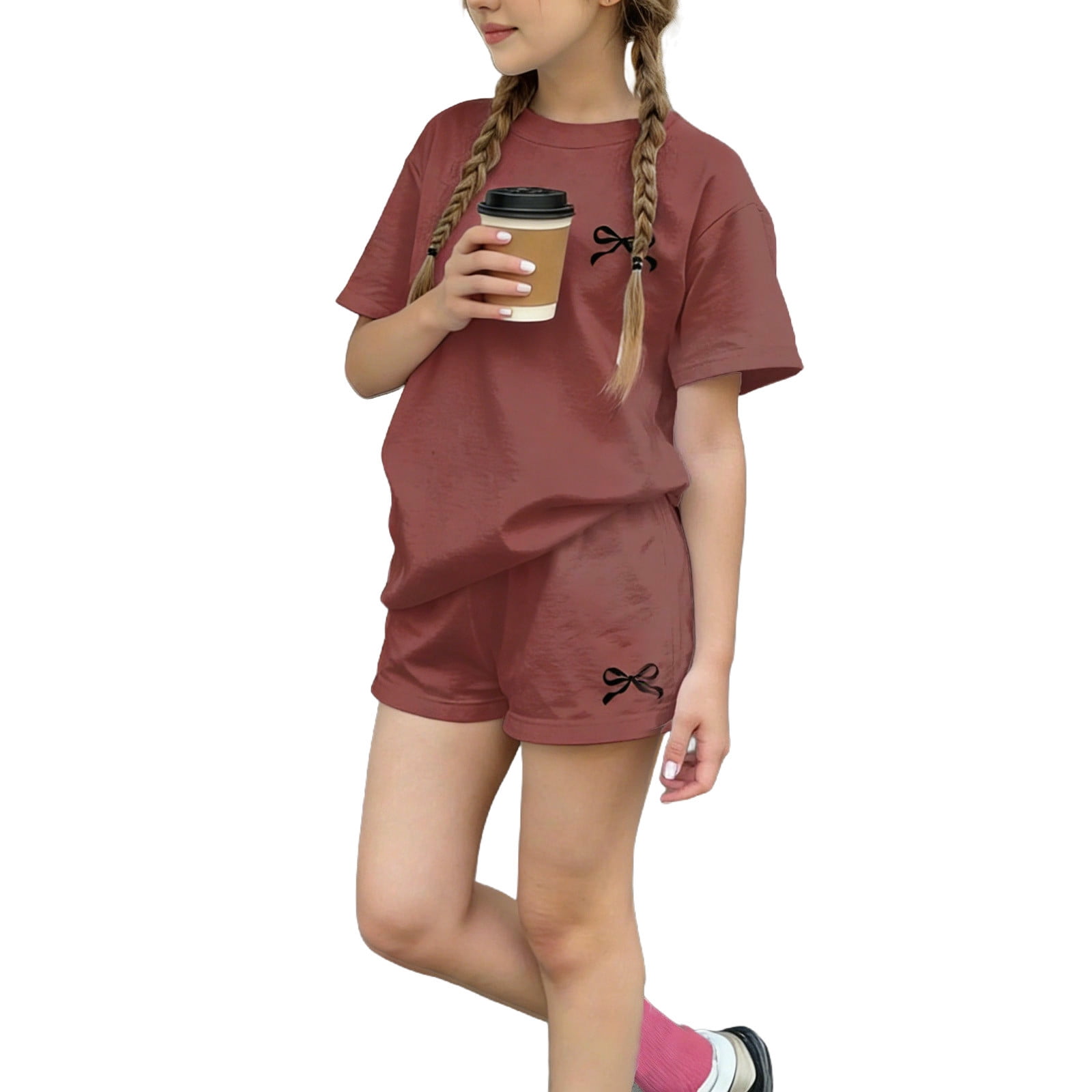 BFHHYA Girls 2 Piece Outfits Bow Print Short Sleeve Tops Loose Shorts ...