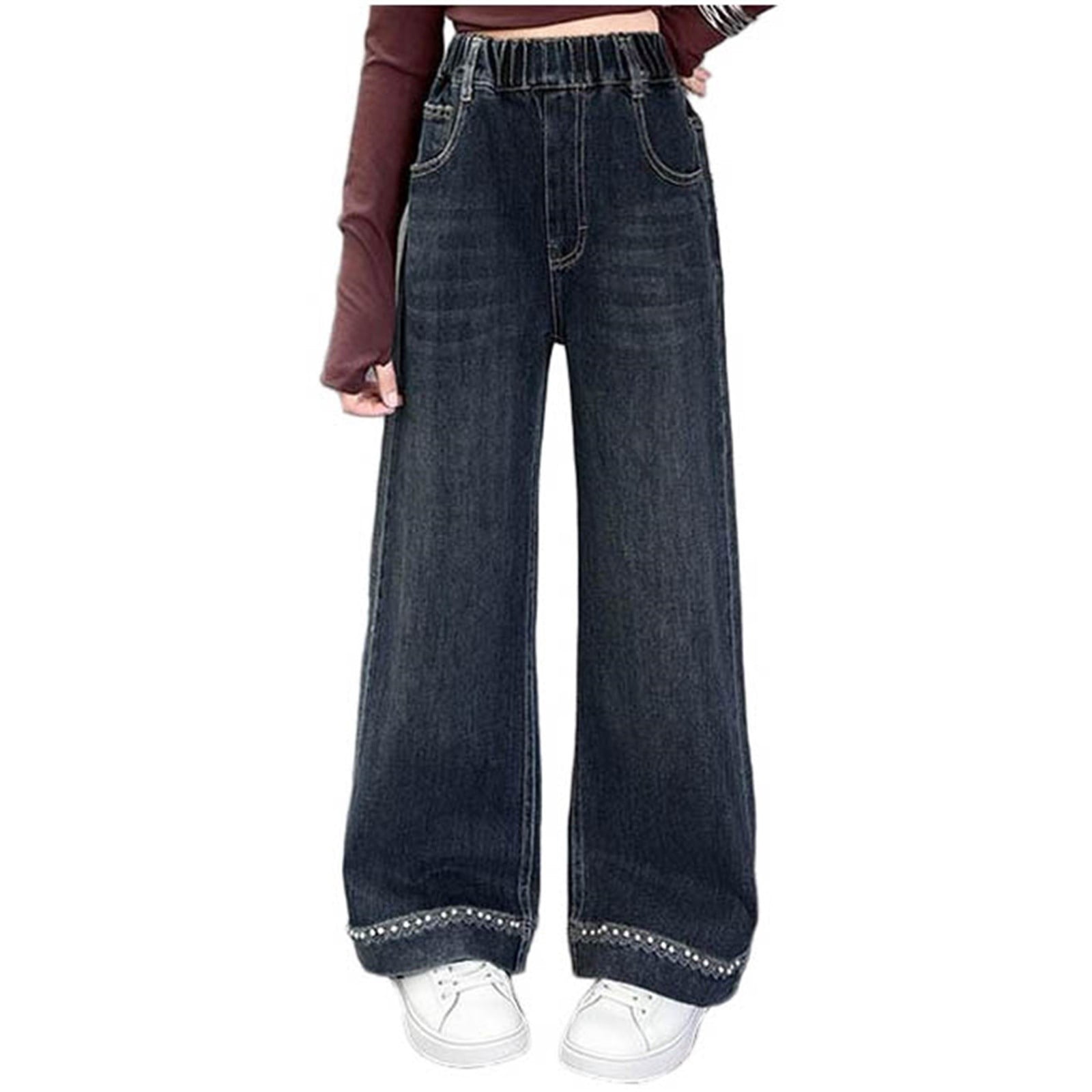BFHHYA Girls Denim Pants Elastic Waist Straight Leg Jeans Pants Tween ...