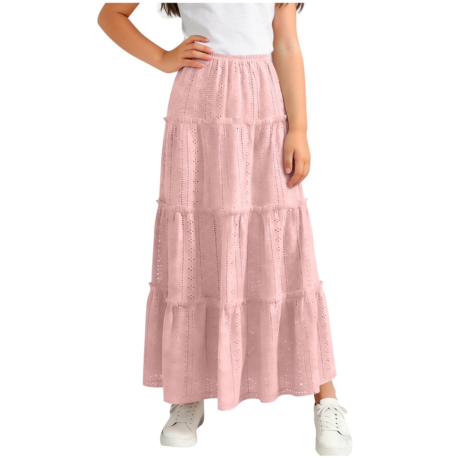 BFHHYA Girls Eyelet Maxi Skirt Ruffle High Waisted Flowy Skirts Tiered ...