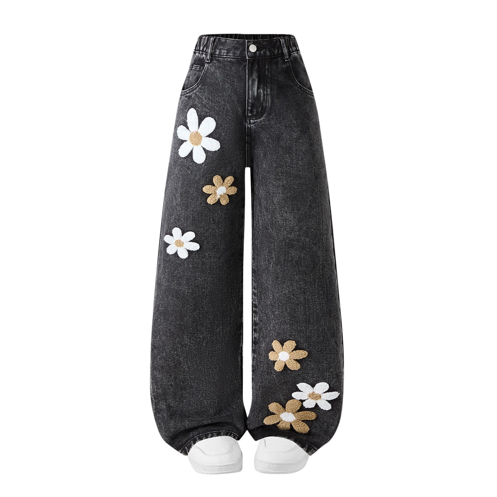 BFHHYA Girls Floral Jeans Pants Cute Wide Leg Denim Pants High Waisted ...