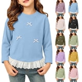 BFHHYA Girls Long Sleeve Shirts with Bow Lace Hem Ribbed Knit Crew Neck ...