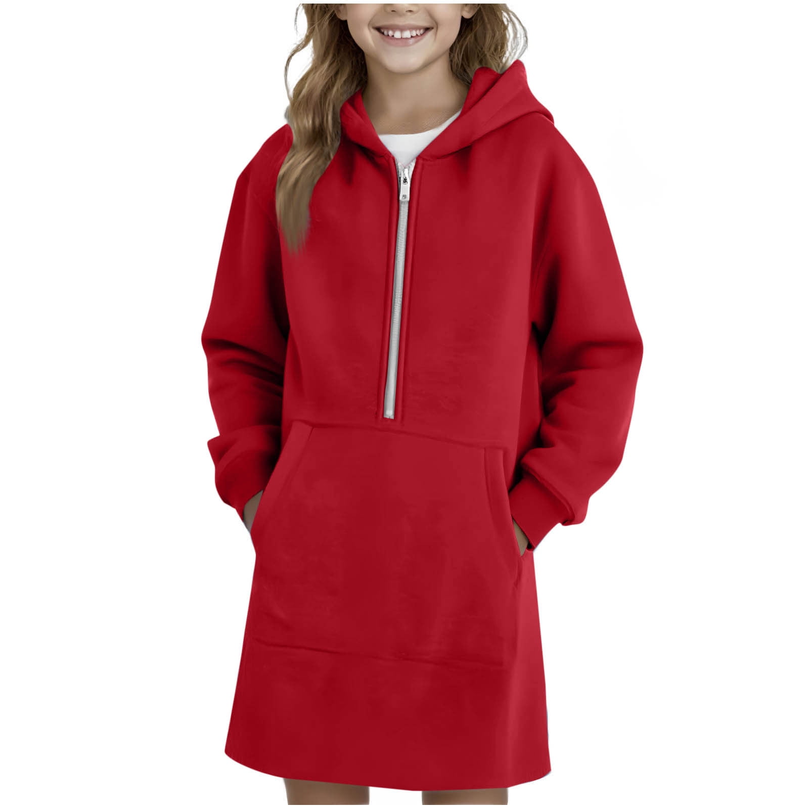 BFHHYA Girls Longline Hooded Sweatshirt Dress Half-Zip Fleece-Lined ...