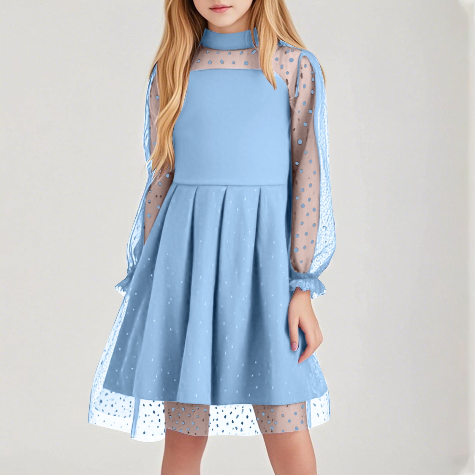 BFHHYA Girls Mesh Puff Long Dress Lightweight High Neck A Line Dresses ...