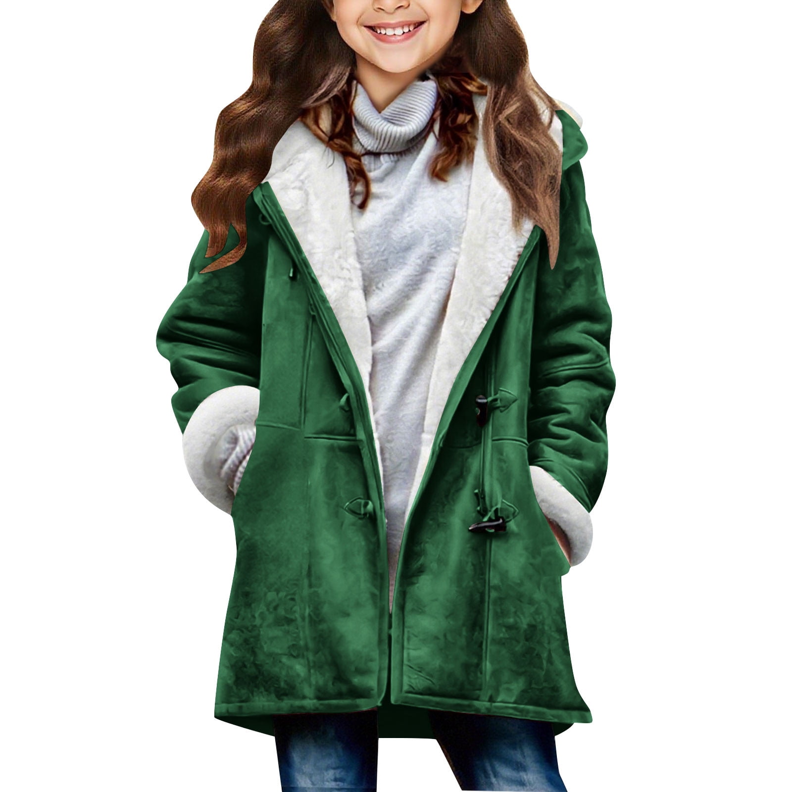 BFHHYA Girls Sherpa Fleece Jacket Button-up Warm Hooded Coat Mid-Length ...