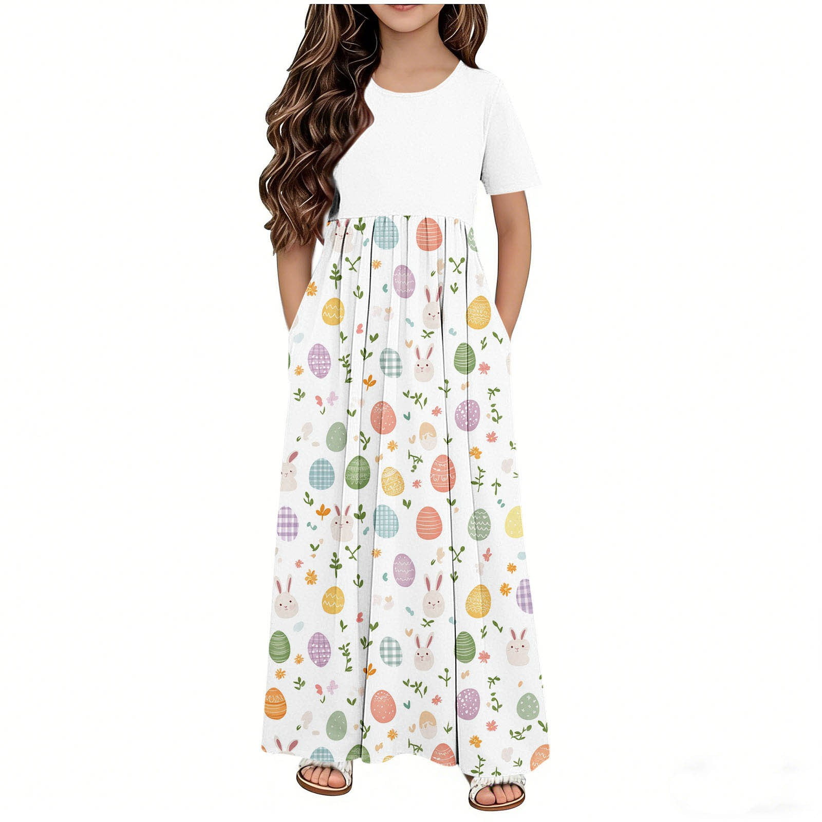 BFHHYA Girls Spring Easter Dress Short Sleeve Floral Print Dresses Long ...