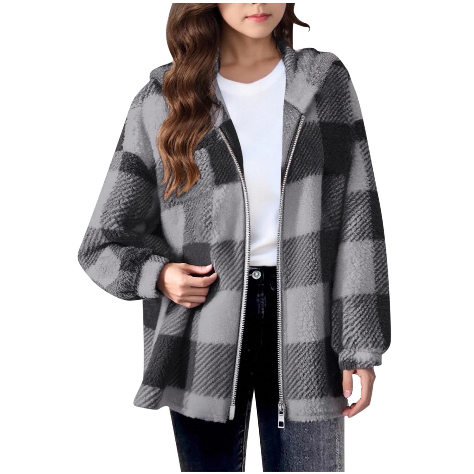 BFHHYA Girls Winter Plaid Fleece Jacket Zip-Up Hooded Fuzzy Coat Long ...