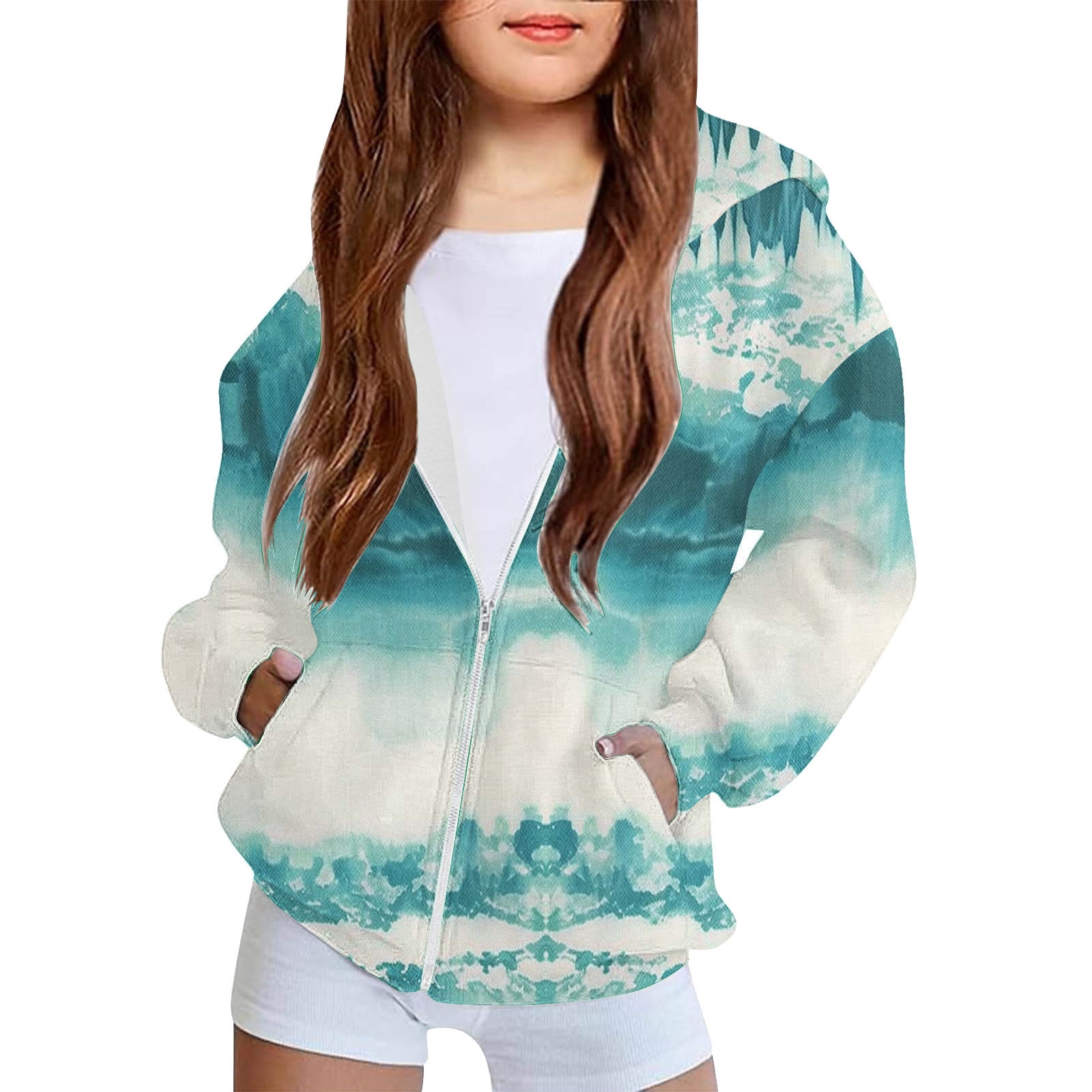 BFHHYA Girls Zip Up Hoodies Kids Watercolor Print Long sleeve Hooed ...
