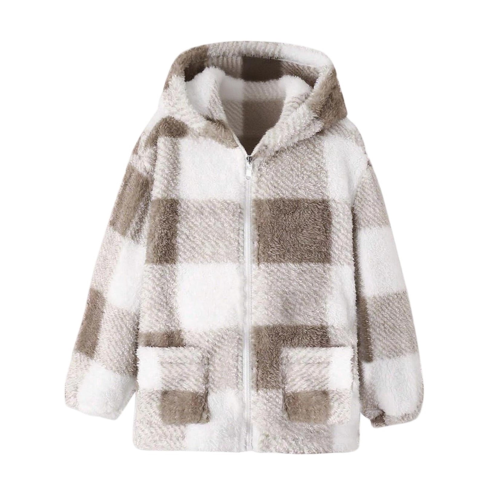 BFHHYA Teen Boys Girls Fuzzy Plaid Jacket Kids' Long Sleeve Zip Up ...