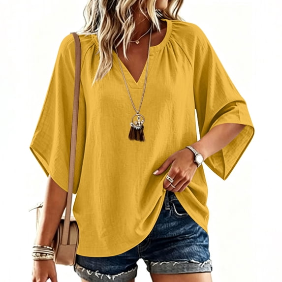BFHHYA Women 3/4 Length Sleeve Tops Vintage Soild Color V-Neck Blouses ...