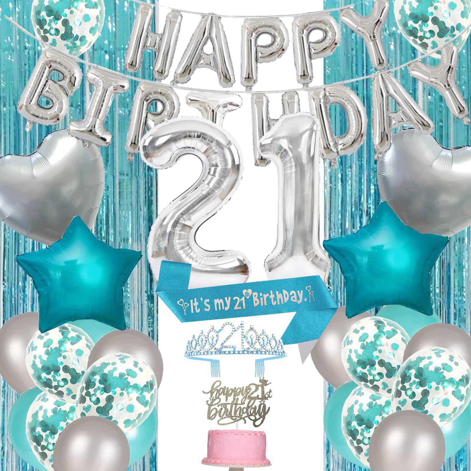 BFORHAP 21st Birthday Decorations for Her AFN1Teal and Happy Birthday ...