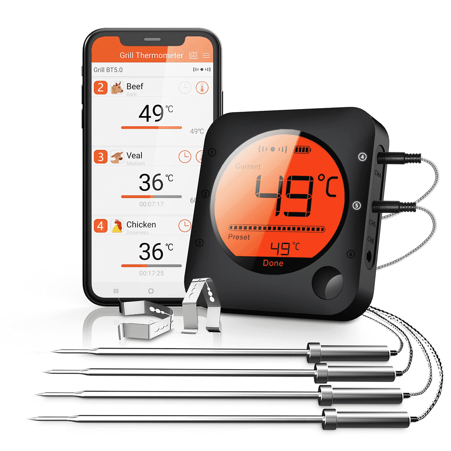 BFOUR Bluetooth BBQ Grill Thermometer, Digital Wireless Meat Probe for ...