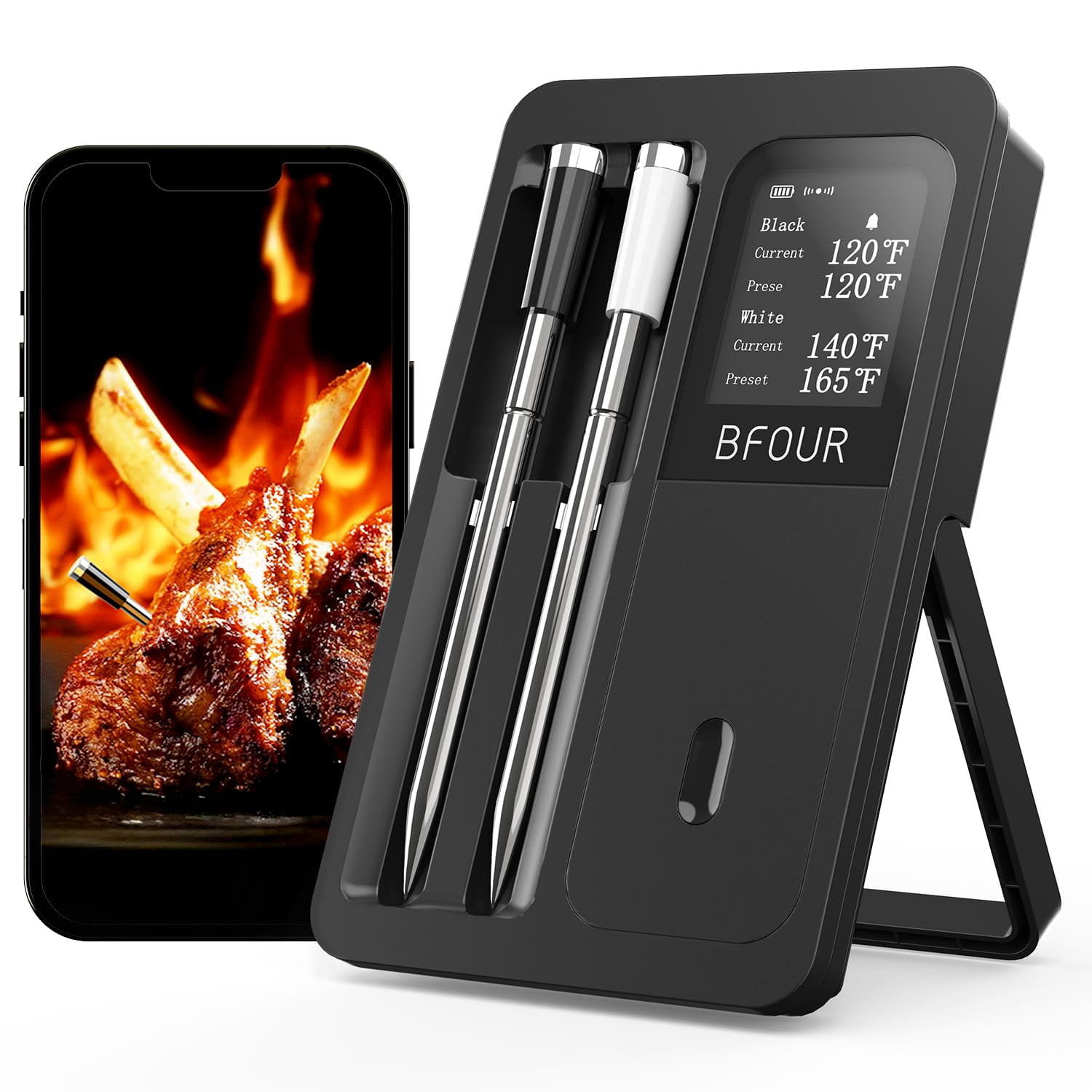 BFOUR Meat Thermometer Wireless with 2 Probes Bluetooth Grill Thermometer with Smart LCD Display ...