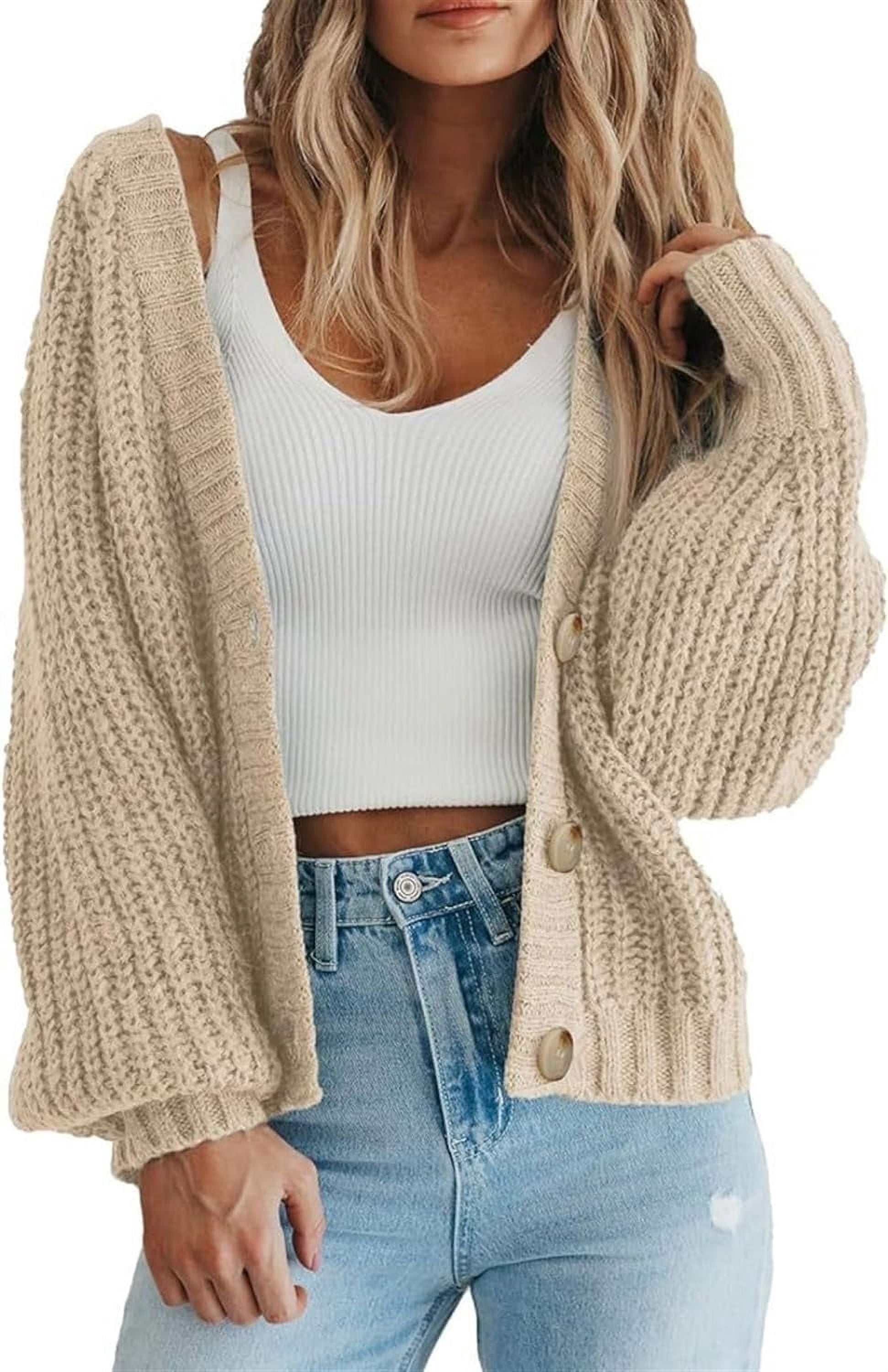 FENGWomen's Chunky Knit Open Front Sweater Long Sleeve Button Loose ...