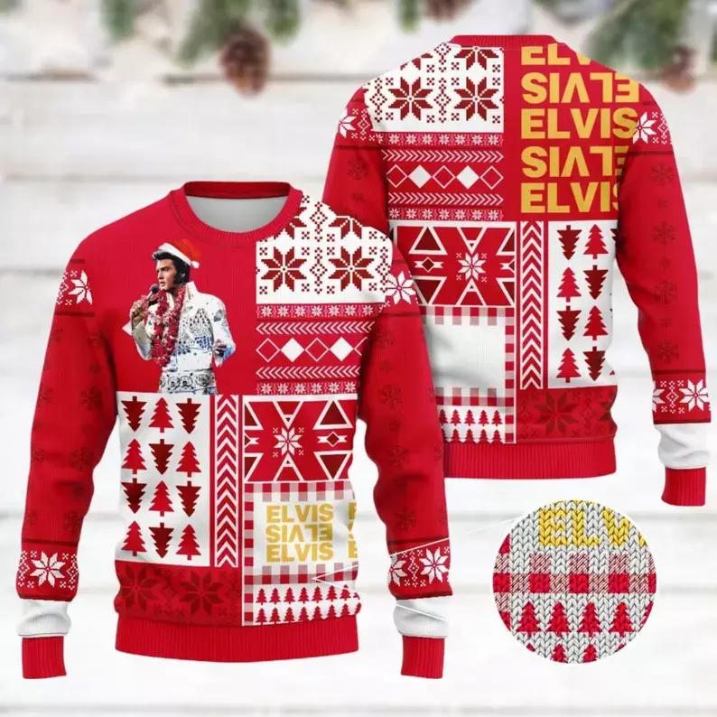 BG Elvis Presley On Stage Snowflakes Rock N Roll Ugly Christmas Sweater ...