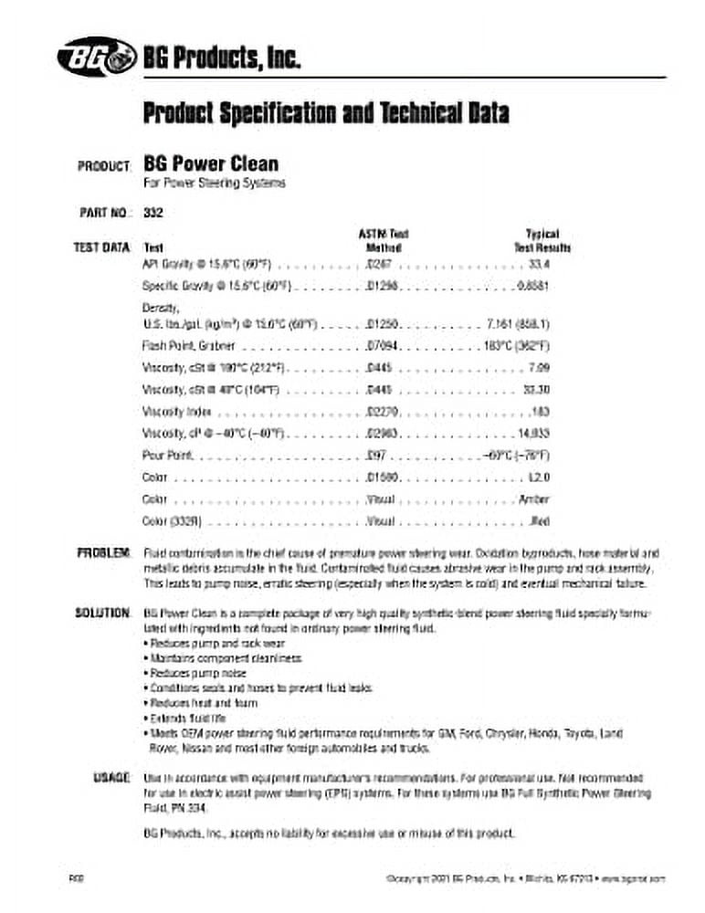 BG Power Clean Synthetic Blend Premium Power Steering Fluid PN 332 with ...