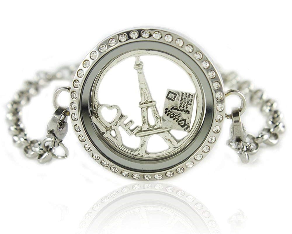 BG247 Stainless Steel Circle Rhinestone Floating Locket Bracelet with ...