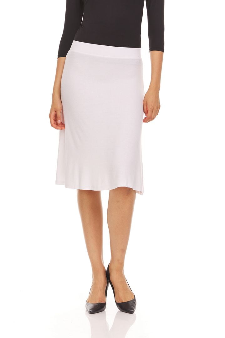 BGDK Women's Basic Plain Stretchy Ribbed Knit Knee Length A-Line Skirt ...