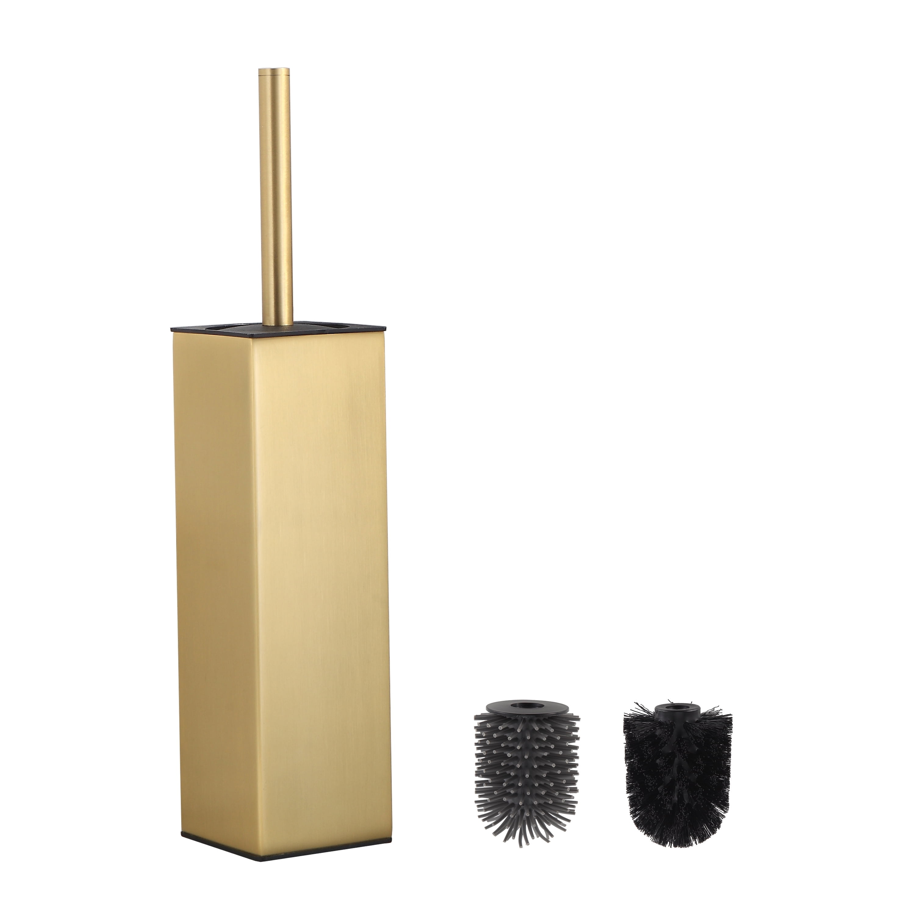 BGL Standing Toilet Brush and Holder, Brushed Gold Aluminum, Square Design, Two Brush Heads ...