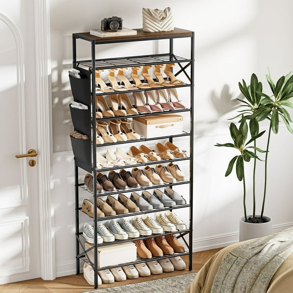 Shoe Bench, Walnut Finish with Flip-Top Hidden Storage and 2-Tier Shoe ...
