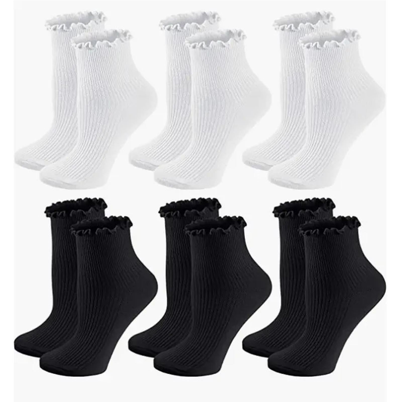 BGZLEU 6 Pcs Womens Ruffle Socks：White Frilly Socks for Women Turn-Cuff ...