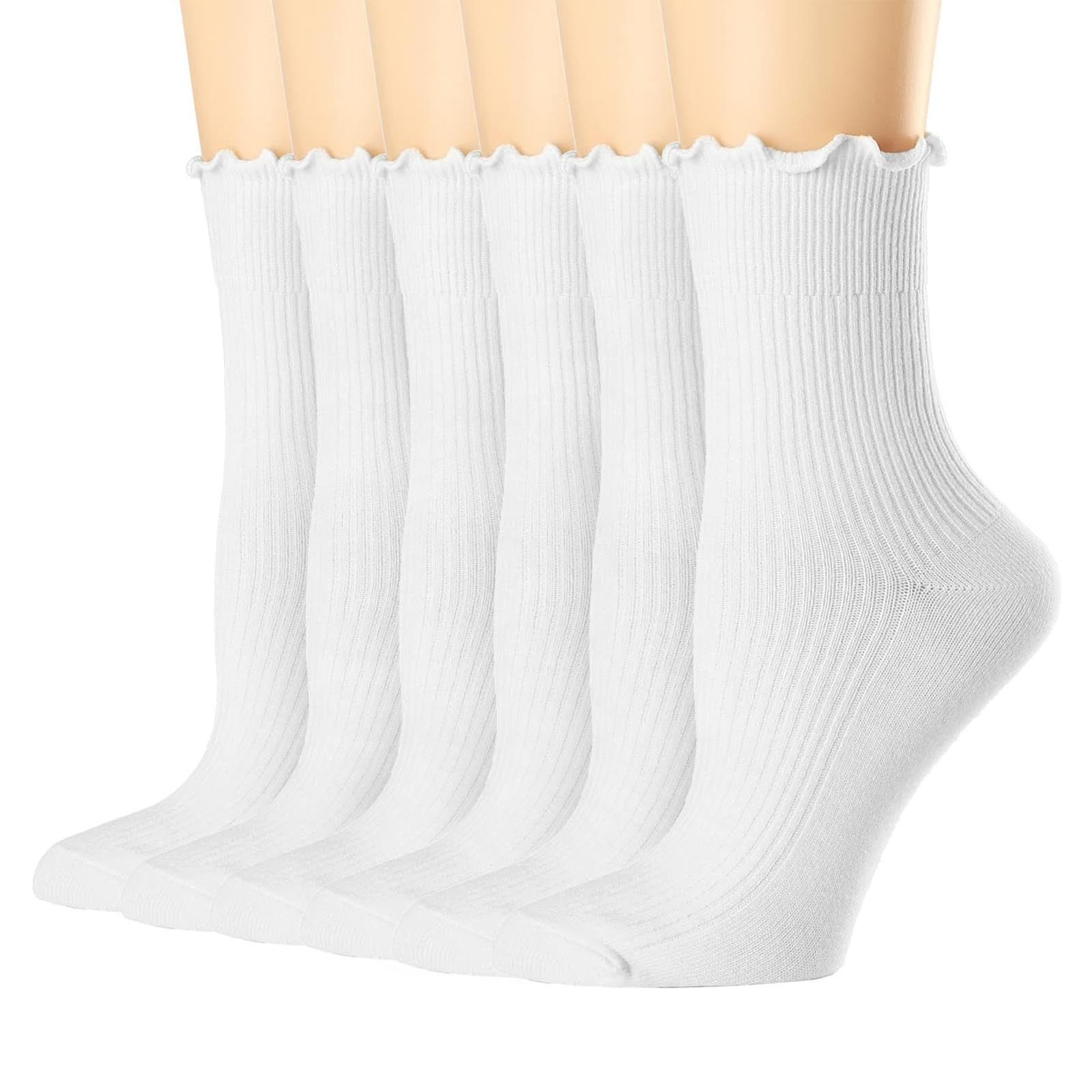 BGZLEU 6 Pcs Womens Ruffle Socks：White Frilly Socks for Women Turn-Cuff ...