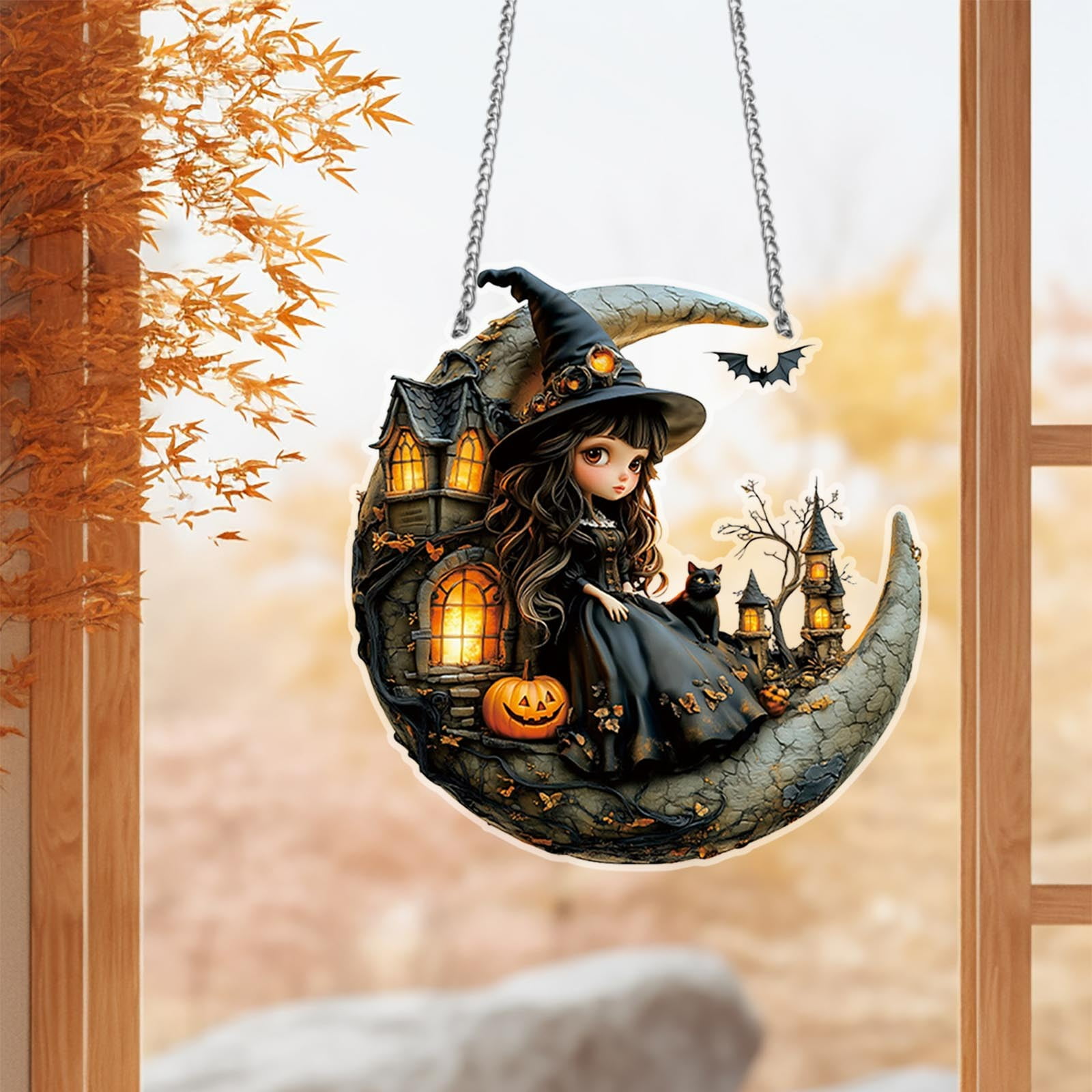 BGZLEU 6x6 inch Charming Moonlight Witch Acrylic Stained Glass Window ...