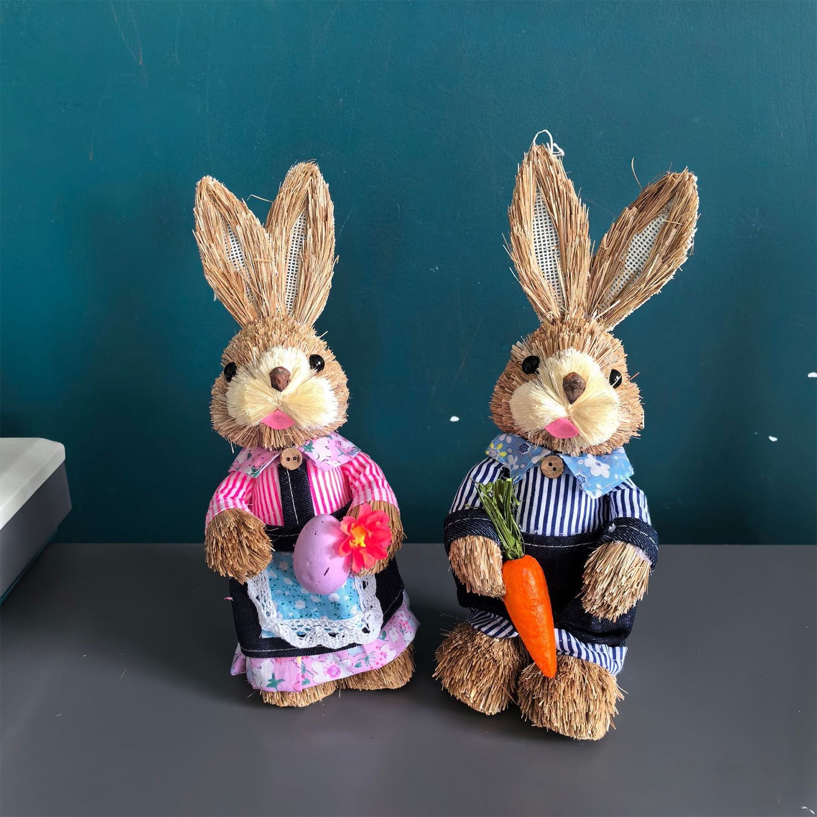 BGZLEU Easter Decorations Bunny Couple, 9.84" Rustic Sisal Bunny ...