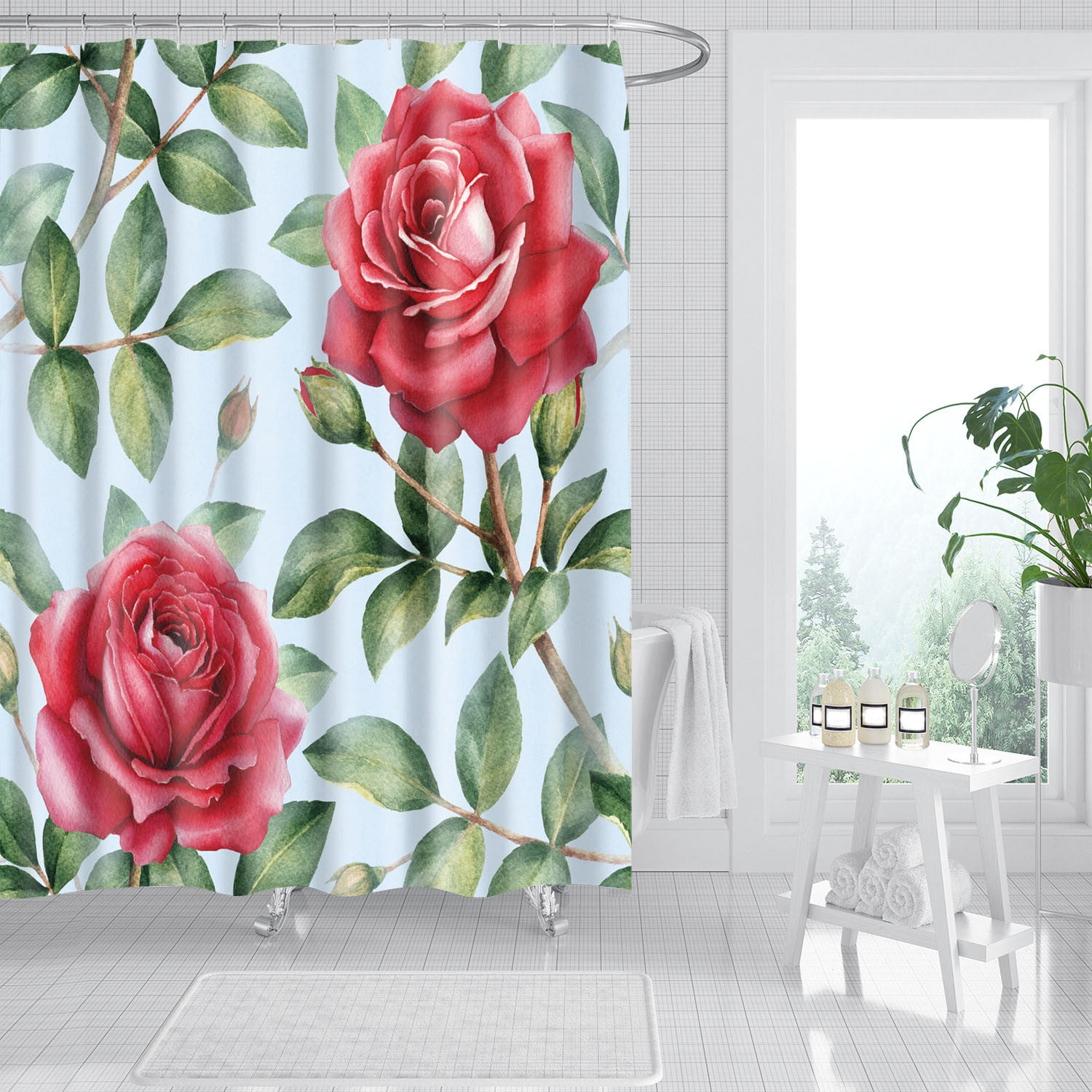 BGZLEU Rose Shower Curtain, Red Rose Shower Curtain Set with 12 Hooks ...
