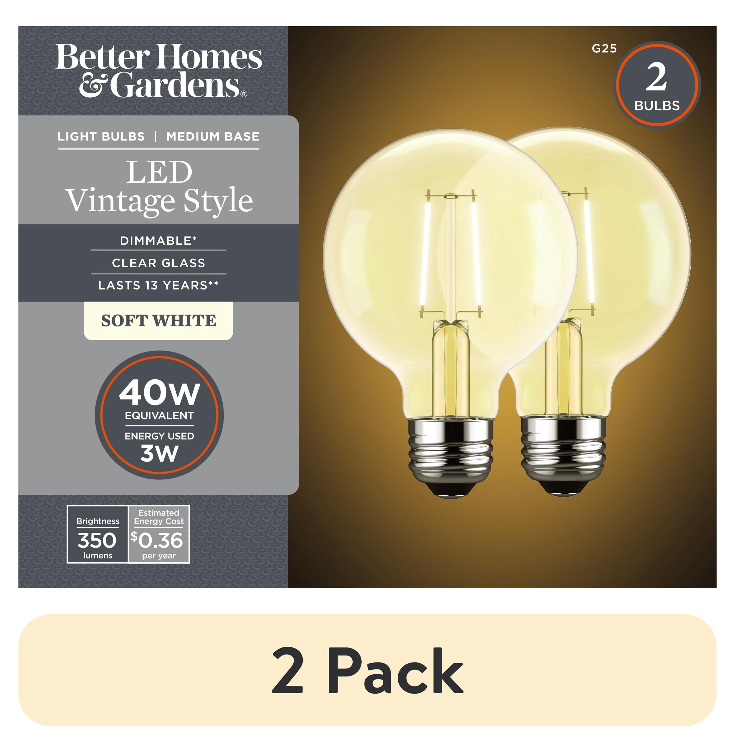 (2 pack) BH&G LED Bulb, 3-Watt (40W Equivalent) G25 Vintage Style, E26 ...