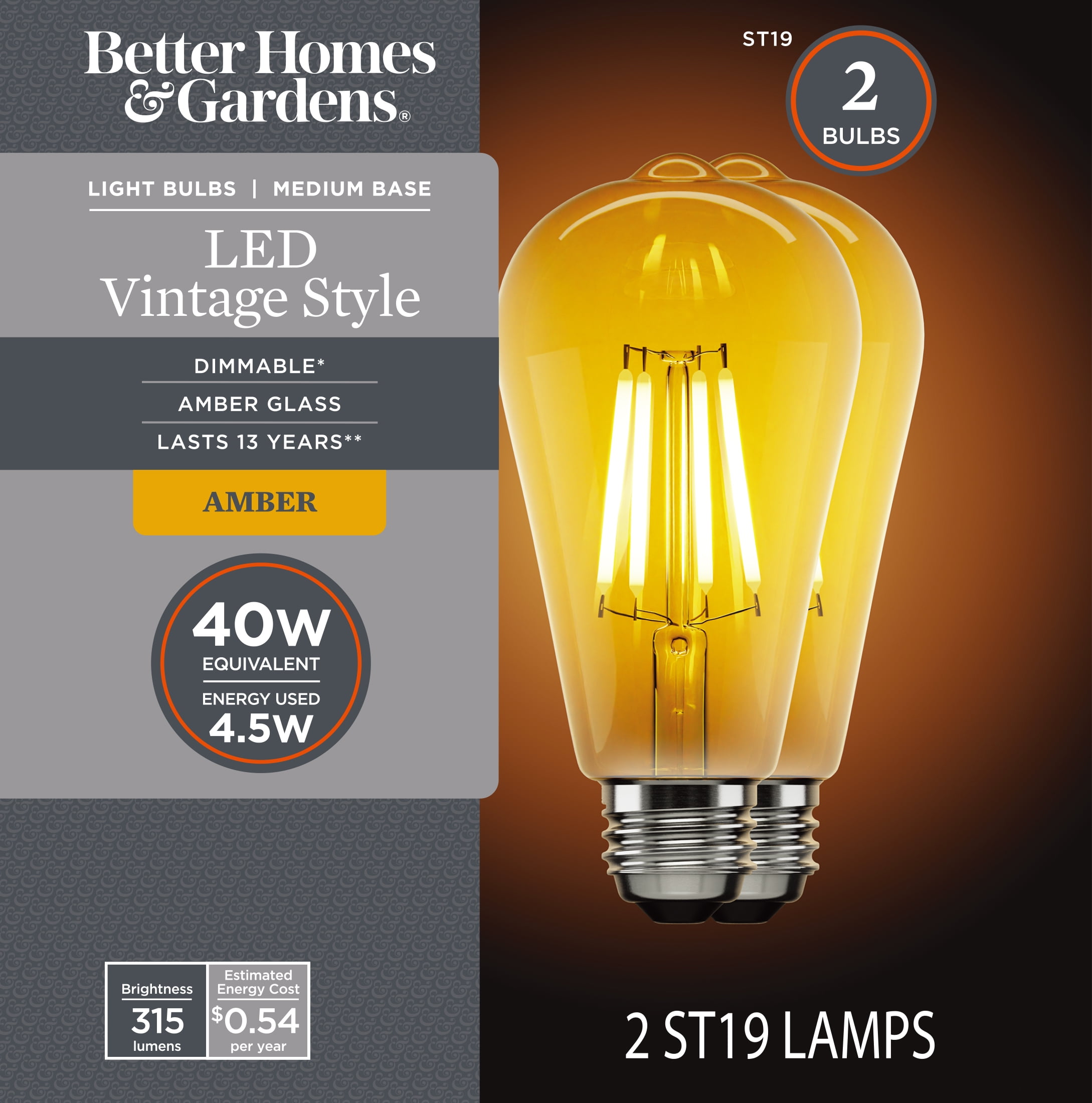 BH&G LED Vintage Bulb, 4.5-Watt (40W Equivalent) ST19 Filament Dimmable ...