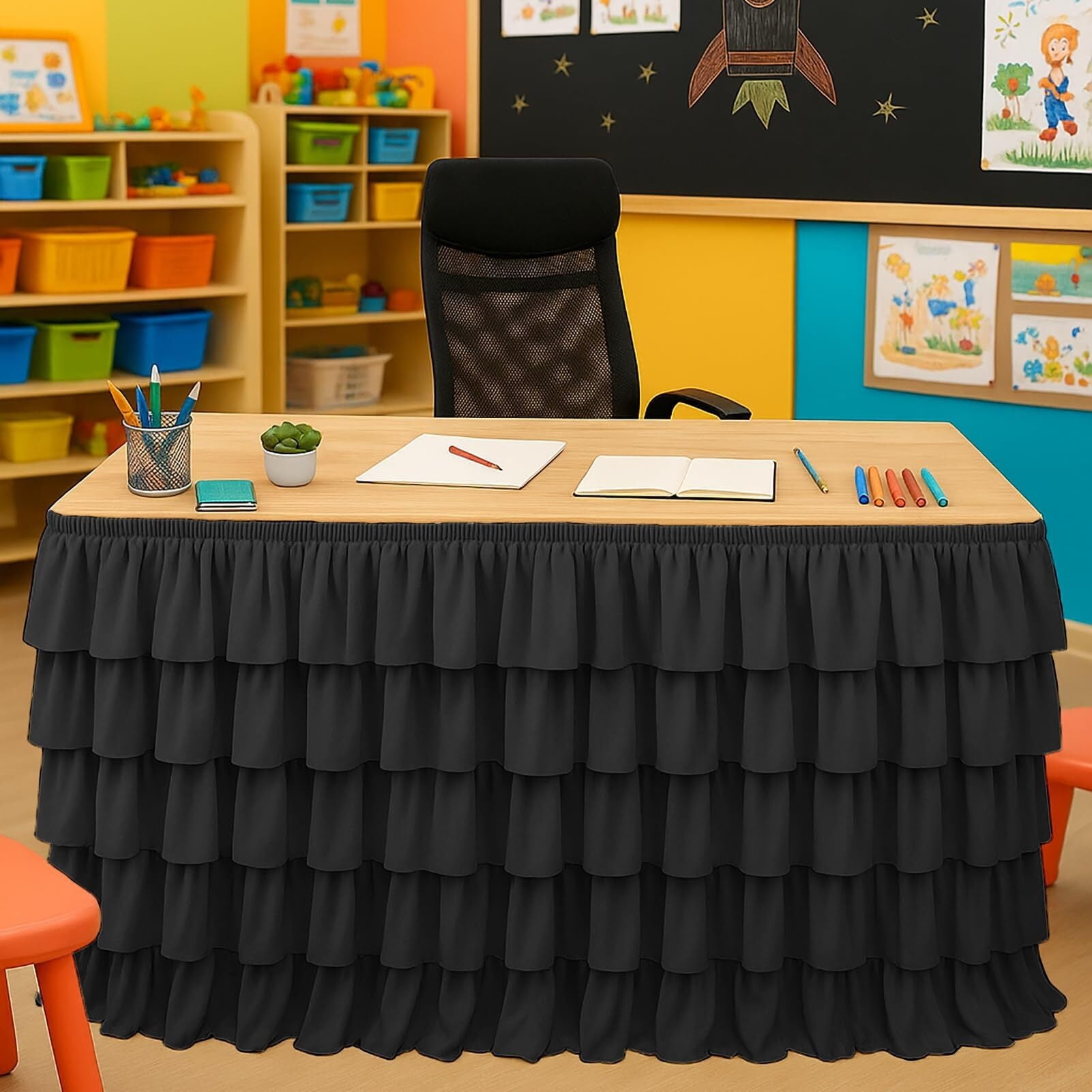 BH-JJSMGS Black Table Skirt Ruffled Tablecloth for Classroom Teacher ...