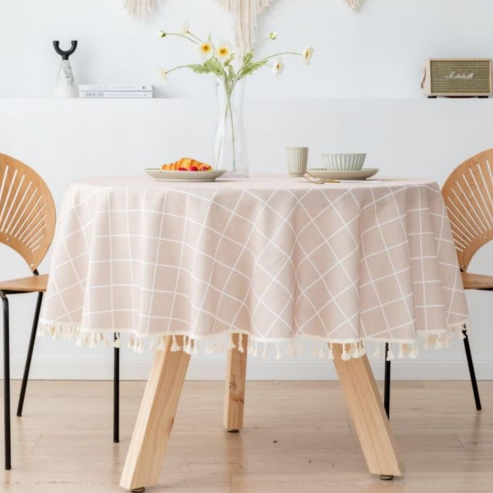 BH-JJSMGS Polyester Checkered 48 Inch Round Tablecloth with Handmade ...