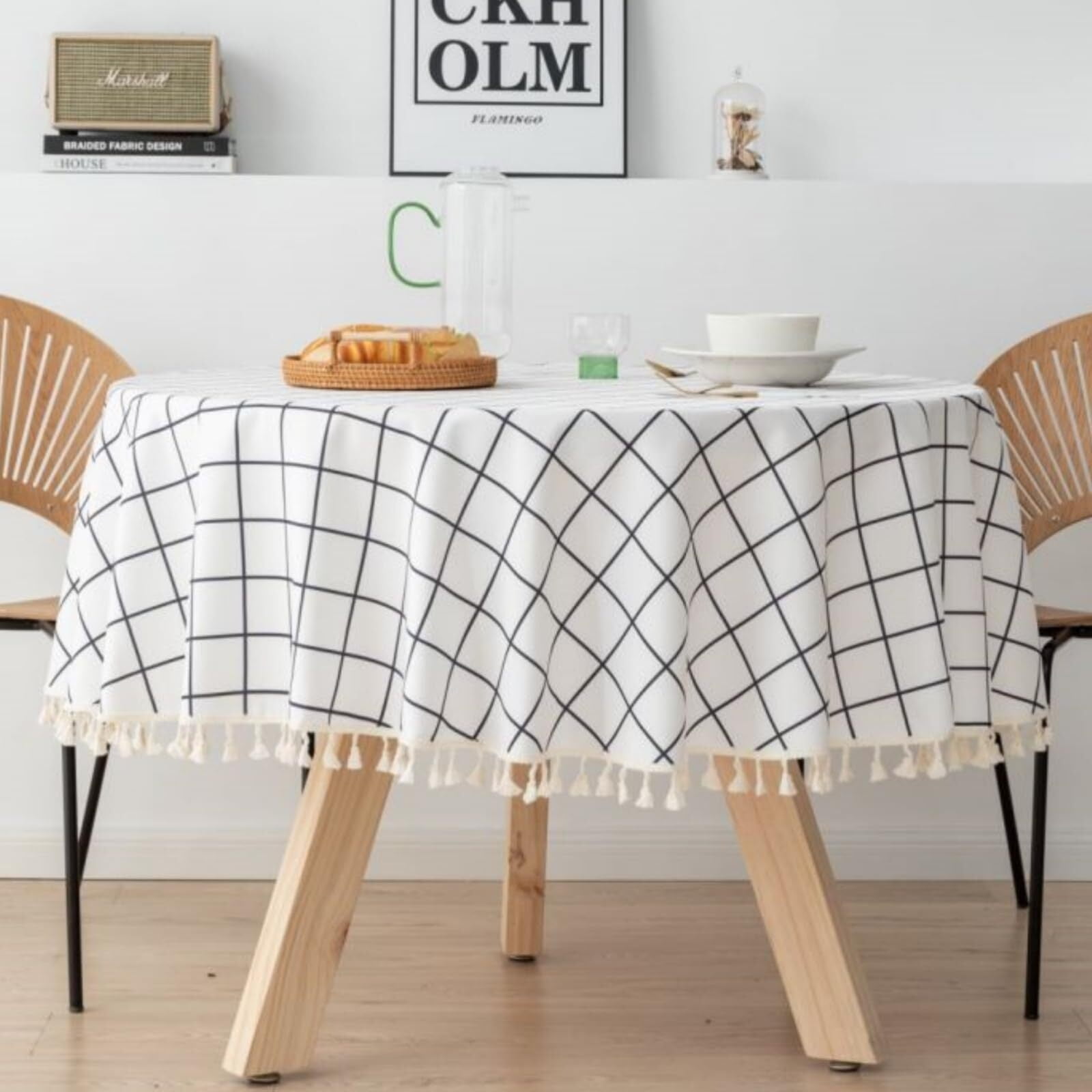 BH-JJSMGS Polyester Checkered 48 Inch Round Tablecloth with Handmade ...