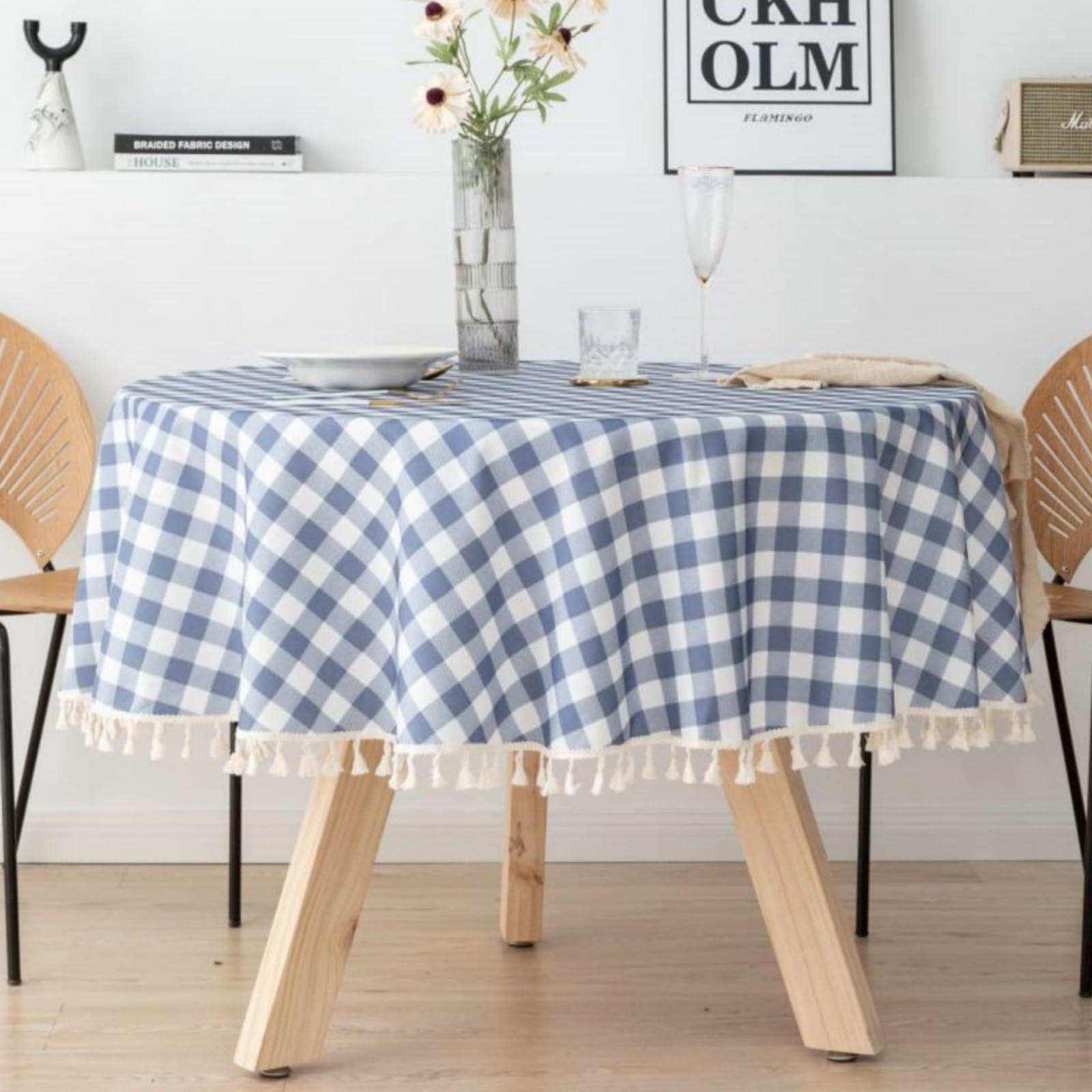BH-JJSMGS Polyester Checkered 48 Inch Round Tablecloth with Handmade ...