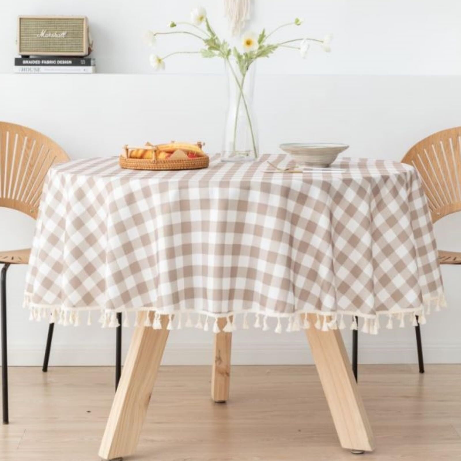 BH-JJSMGS Polyester Checkered 48 Inch Round Tablecloth with Handmade ...