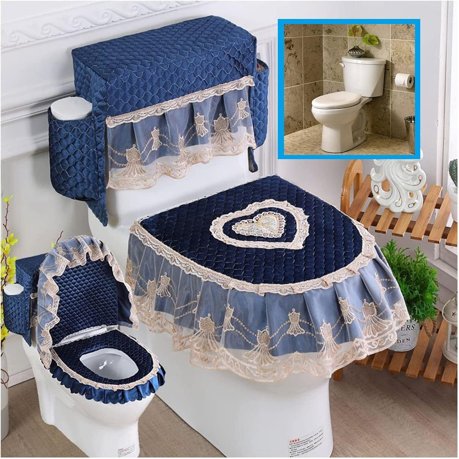 BH-JJSMGS Soft Lace Toilet Lid Tank Seat Top Cover 3 Piece Set Toilet ...