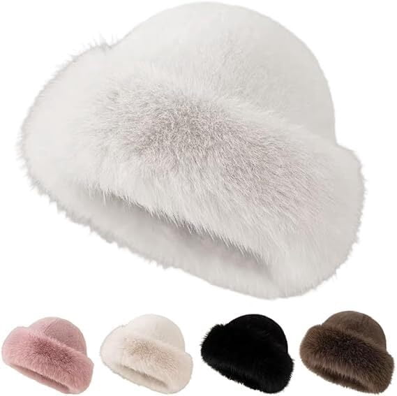 BH-JJSMGS Womens Winter Faux Fur Bucket Hat, Warm Fur Hats Fuzzy Bucket ...