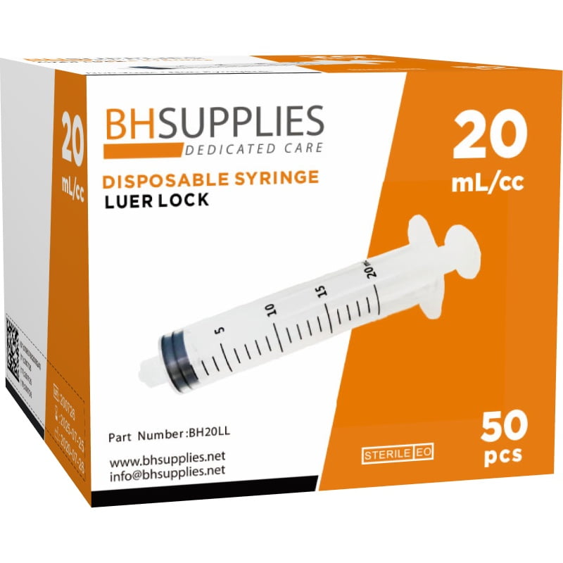 BH Supplies 20ml Luer Lock Tip Syringes (No Needle) - Sterile, Individually Wrapped - 50 ...