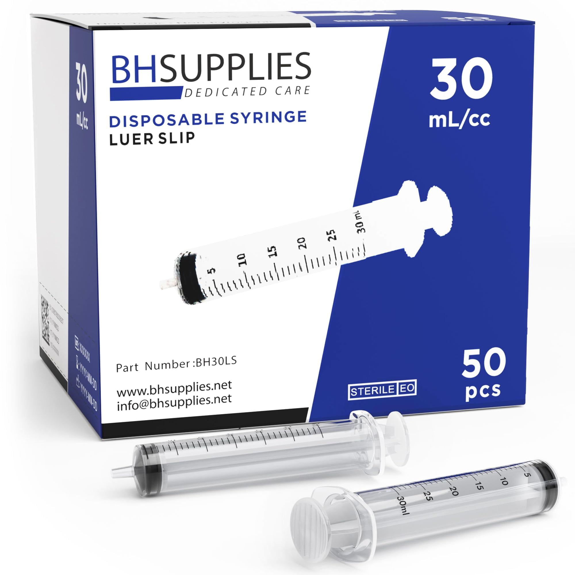 BH Supplies 30ml Luer Slip Tip Syringes (No Needle) - Sterile, Individually Wrapped - 50 ...