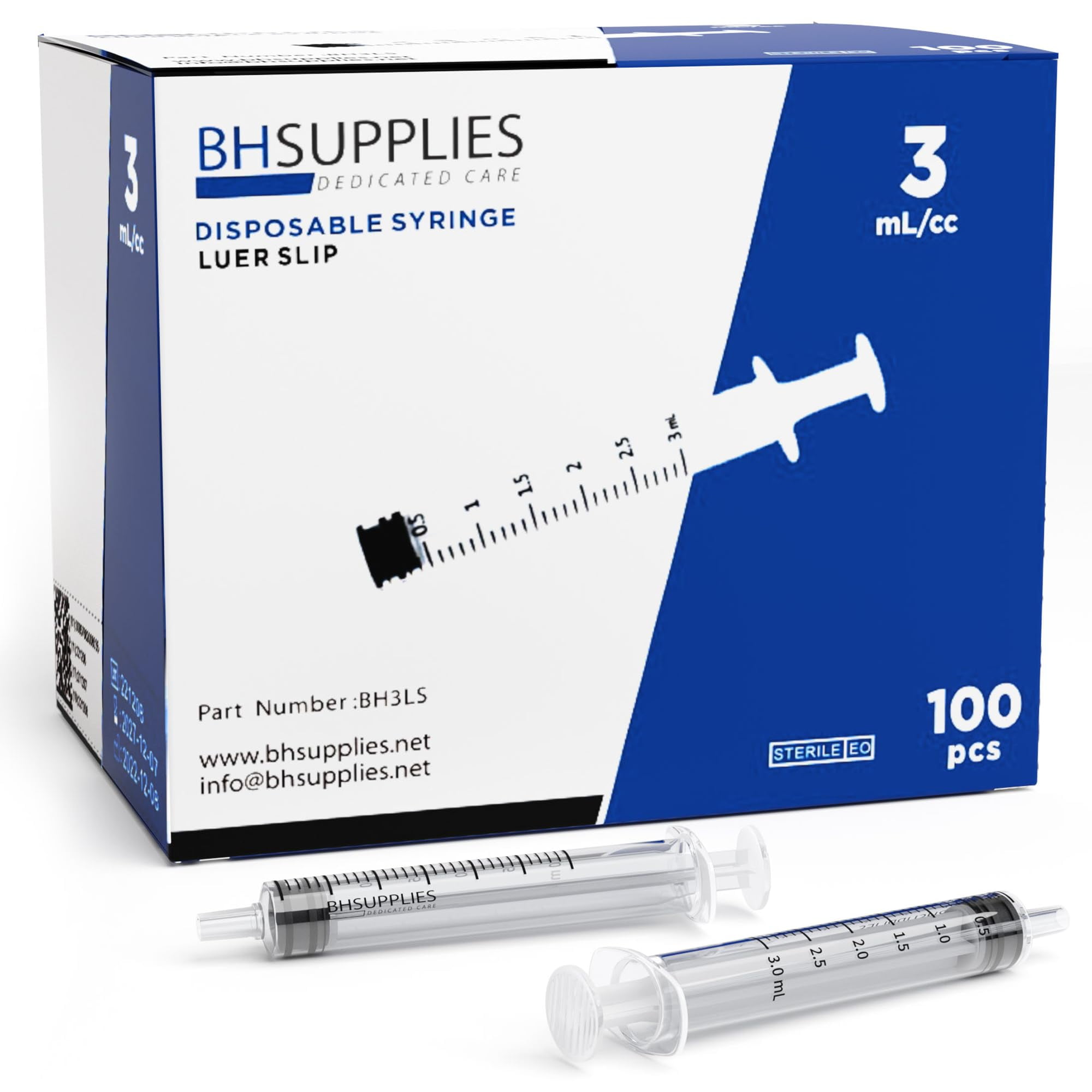 BH Supplies 3ml Luer Slip Tip Syringe - (No Needle) - Sterile, Individually Wrapped - 100 ...