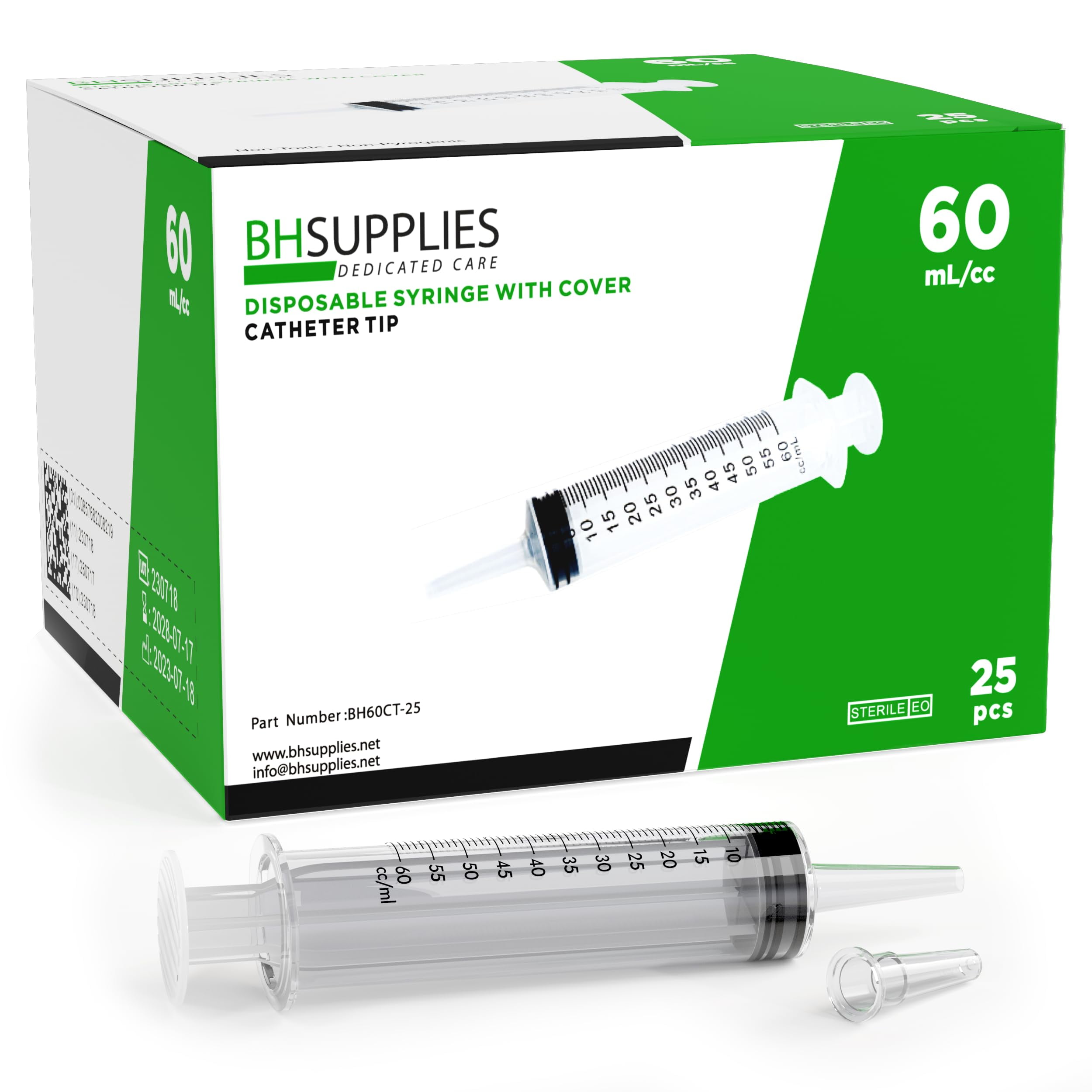 BH Supplies 60mL Syringe Catheter Tip Sterile with Caps - (No Needle) - Sterile, Individually ...