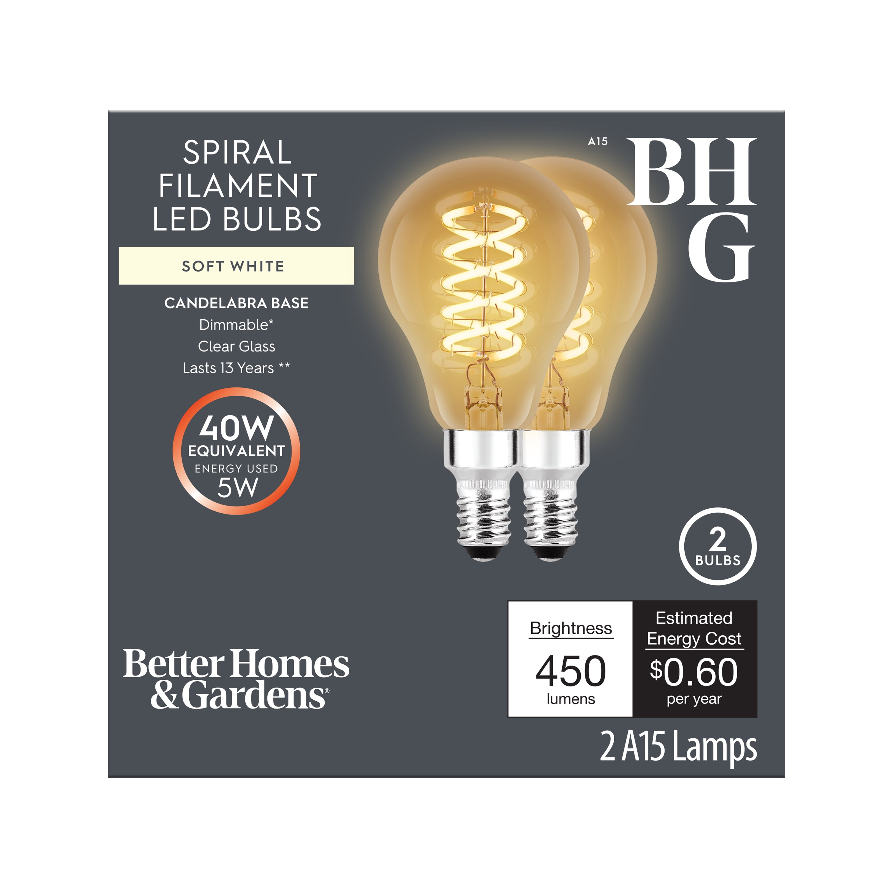 BHG 40W A15 Vintage Spiral LED Light Bulb, Soft White, Candelabra Base ...